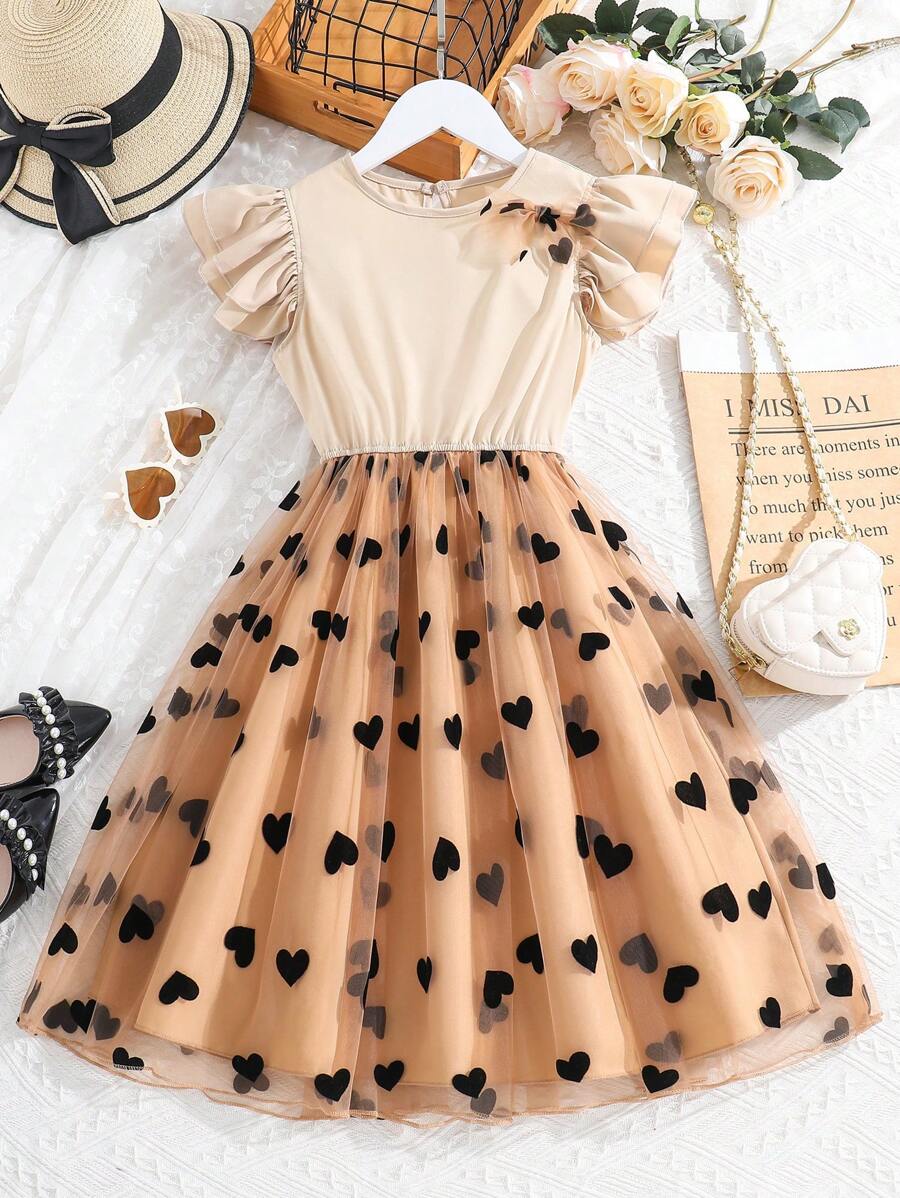 SHEIN Vestido Para Niña Con Malla De Corazón Y Ribeteado De Volantes ...