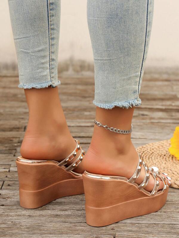 Women Studded Decor Cut Out Sandals, Glamorous Gold Wedge Slide Sandals ...