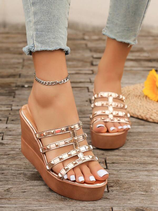 Women Studded Decor Cut Out Sandals, Glamorous Gold Wedge Slide Sandals ...