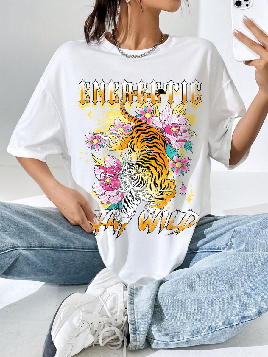 SHEIN EZwear Tiger & Floral Print Drop Shoulder Oversized Tee | SHEIN USA