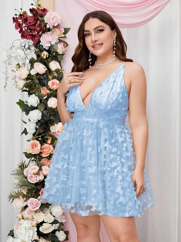 Double Crazy Plus Plunging Neck Appliques Mesh Overlay Cami Dress