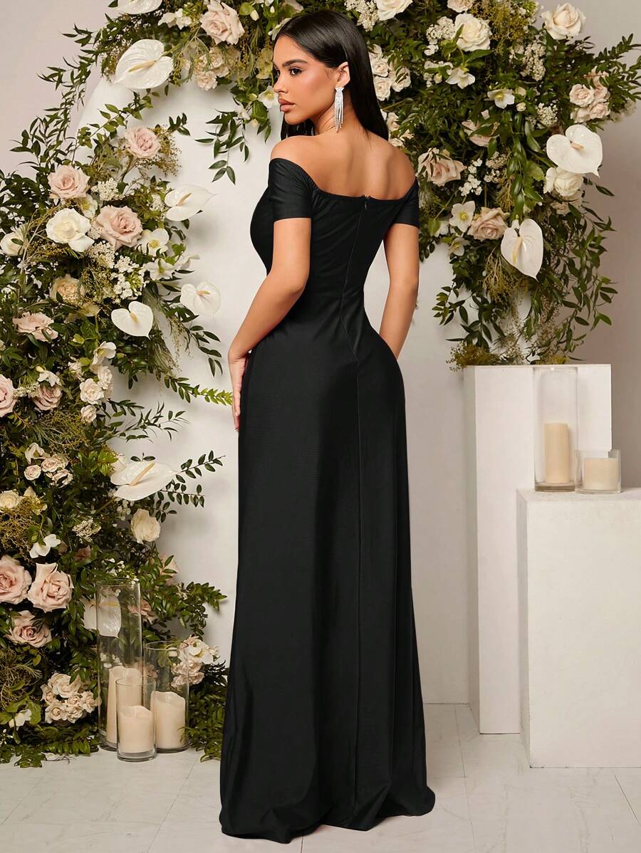SHEIN Belle Off-The-Shoulder Pleated High-Slit Thigh-High Elegant And Sexy Guest Dress | SHEIN USA