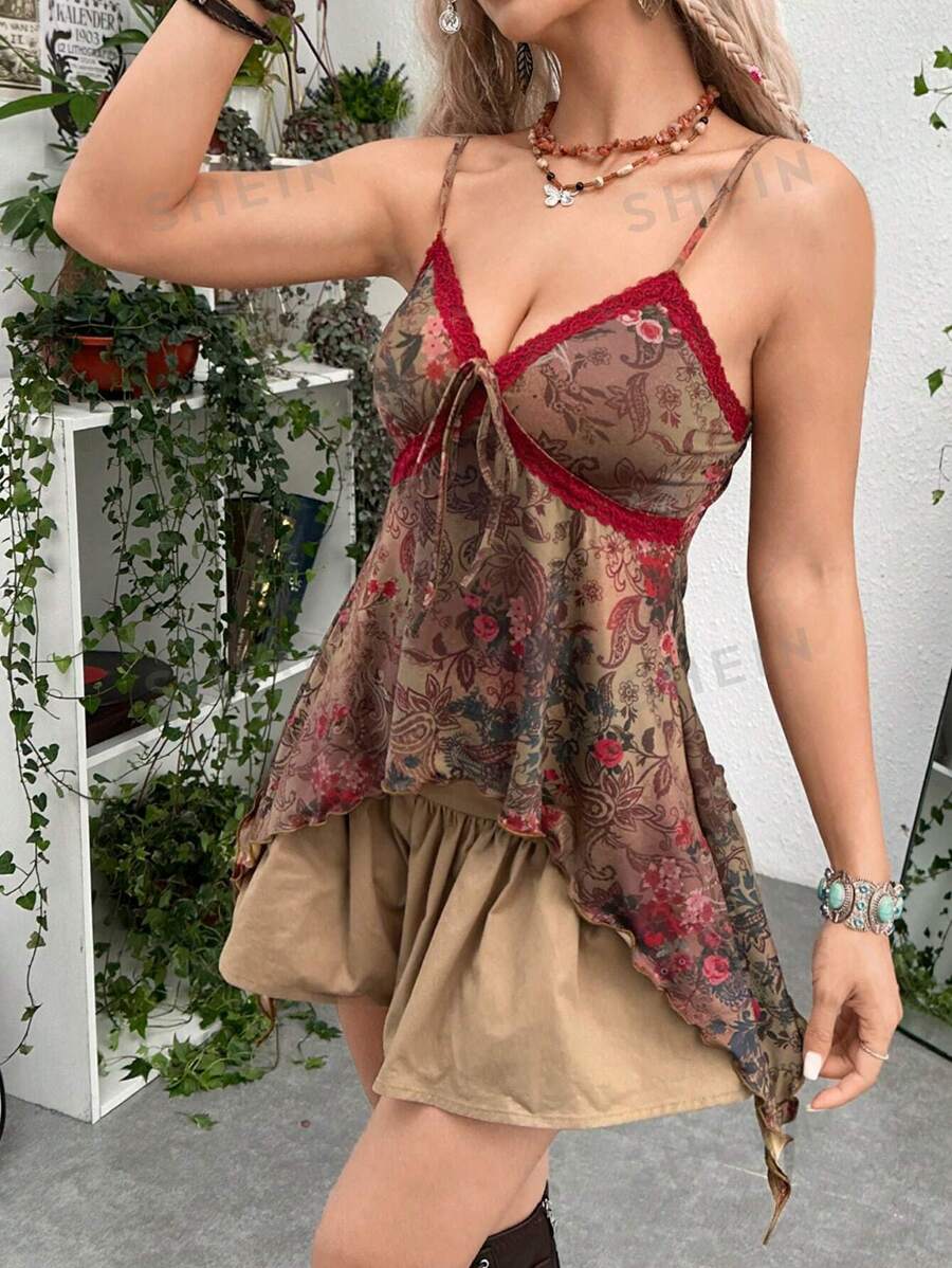 Romwe Punk Grunge Floral Print Contrast Lace Cami Top Shein Usa