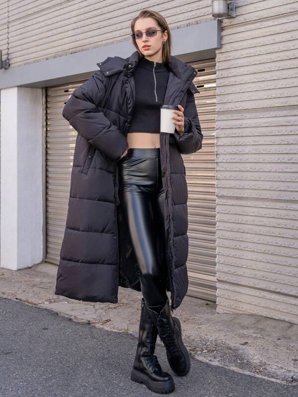 Dazy Slant Pocket Zipper Hooded Longline Puffer Thick Pockets Coat