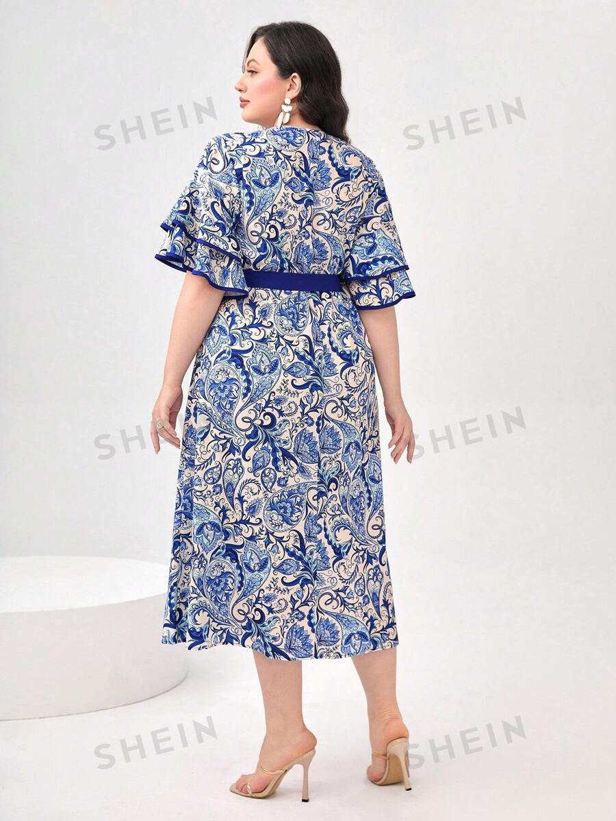 SHEIN Modely Plus Paisley Print Belted Dress | SHEIN USA