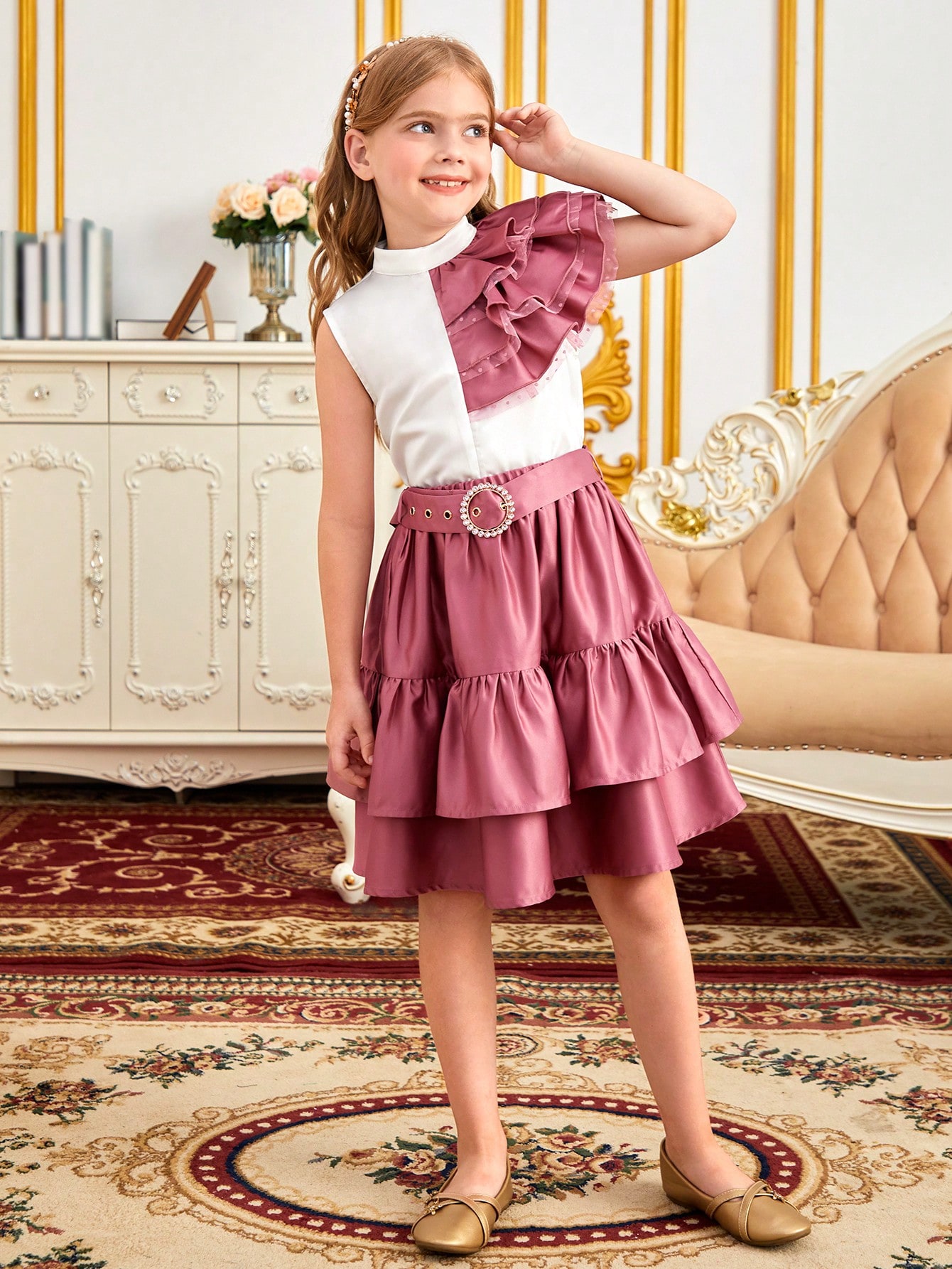 SHEIN Kids Nujoom Girls 1pc Two Tone Ruffle Trim Top & Layer Hem Belted ...