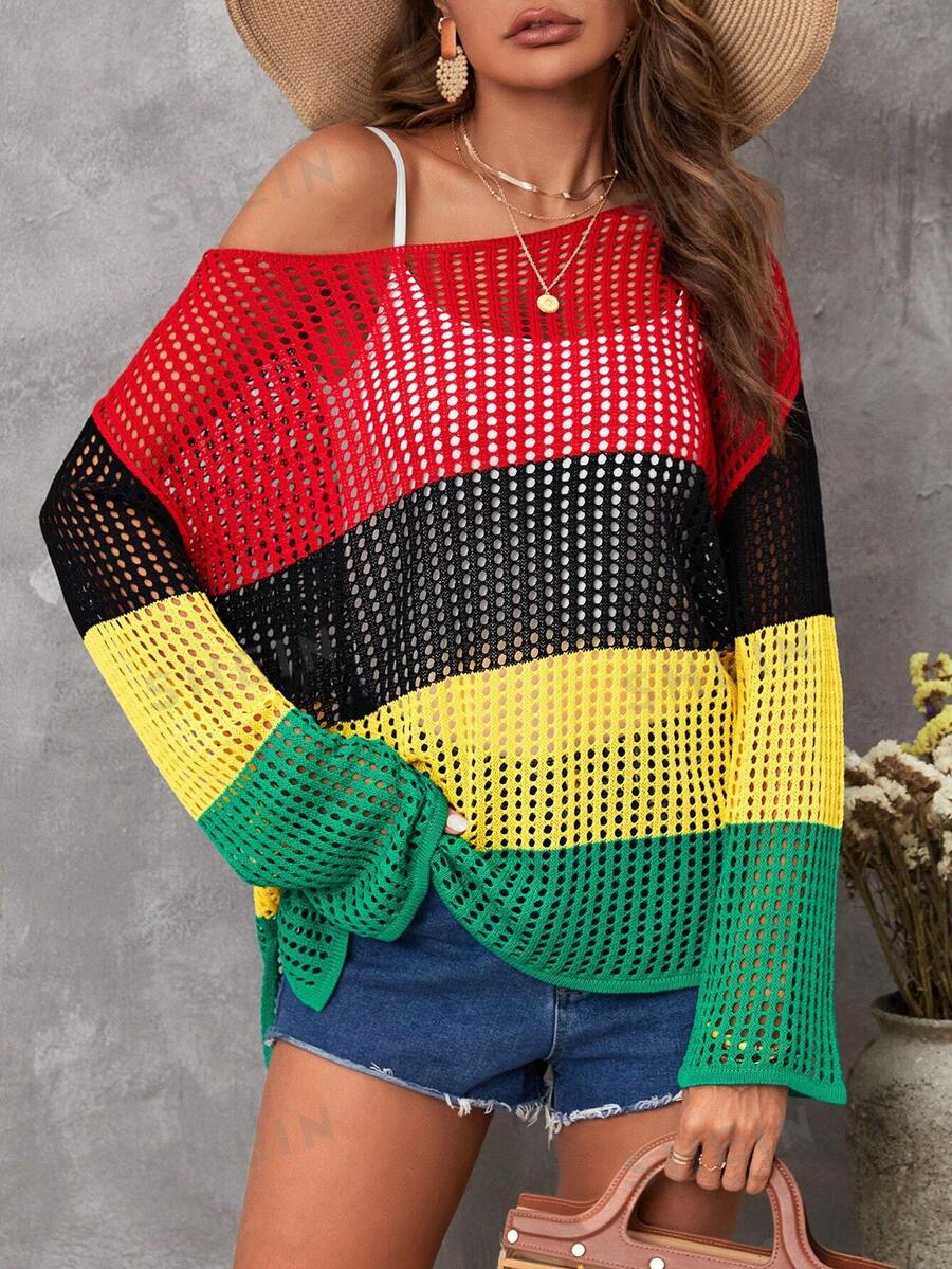 Shein Vcay Colorblock Hollow Out Drop Shoulder Cover Up Shein Usa