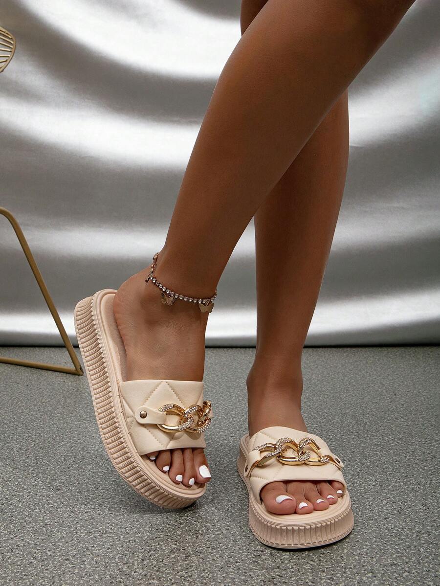 Women Rhinestone Chain Decor Slides, Fashionable Indoor PVC Slides ...