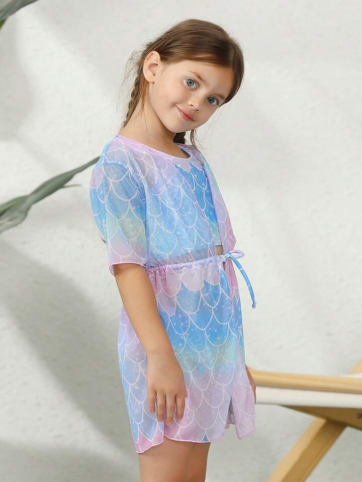 Young Girl Fish Scales Bikini Set With Kimono Summer Beach | SHEIN EUQS