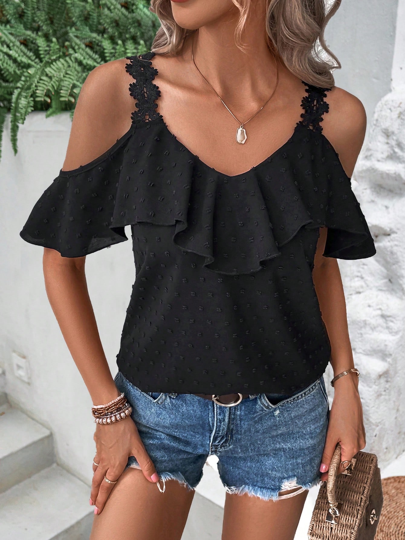 Shein Lune Swiss Dot Cold Shoulder Ruffle Trim Blouse Shein Usa