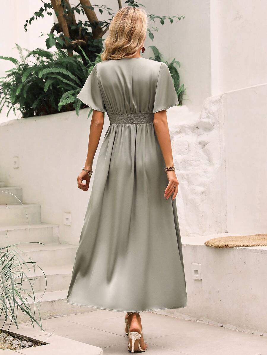 SHEIN Raffinéa Solid Plunge Neck Butterfly Sleeve Wrap Hem Dress | SHEIN UK