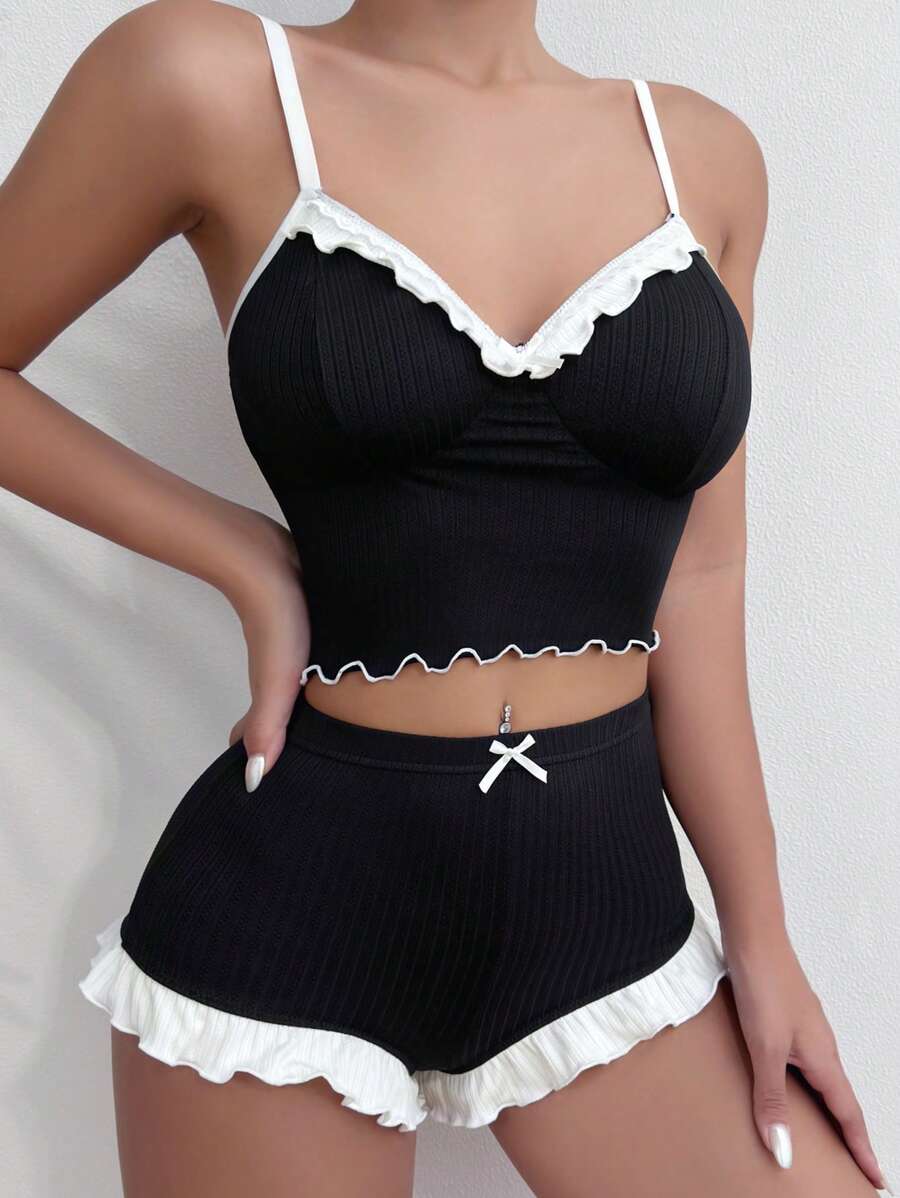 Lettuce Trim Cami Top And Bow Front Shorts Pj Set Pajama Set Shein Usa