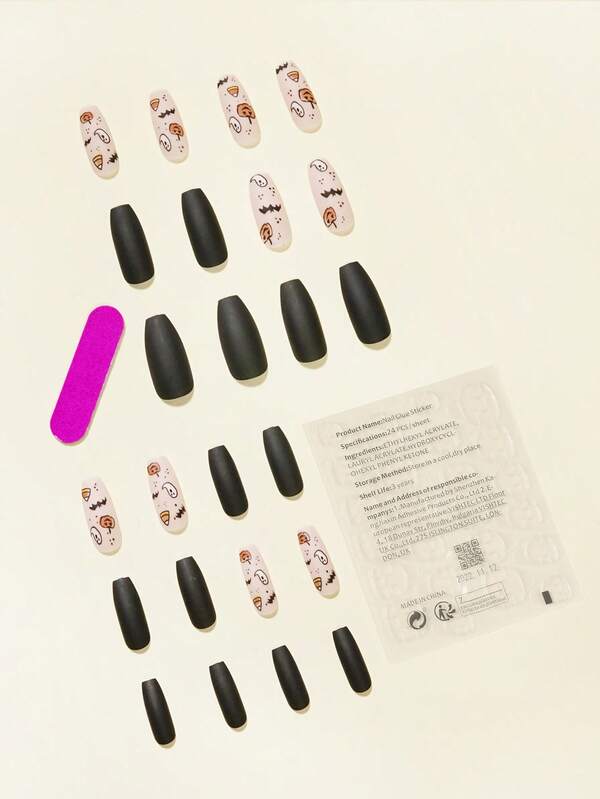 24pcs Halloween Cartoon Graphic Fake Nail & 1sheet Tape & 1pc Nail File ...