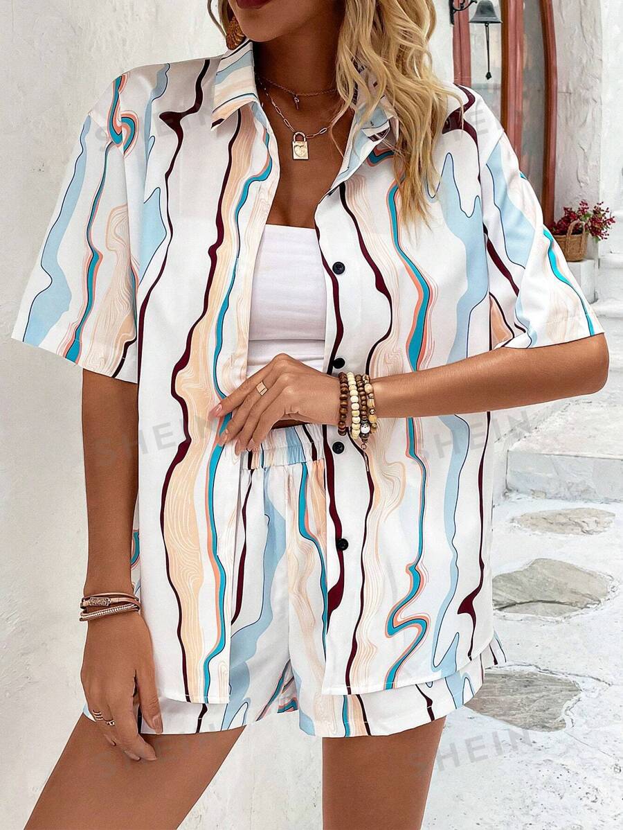 SHEIN LUNE Allover Print Drop Shoulder Shirt & Shorts | SHEIN USA