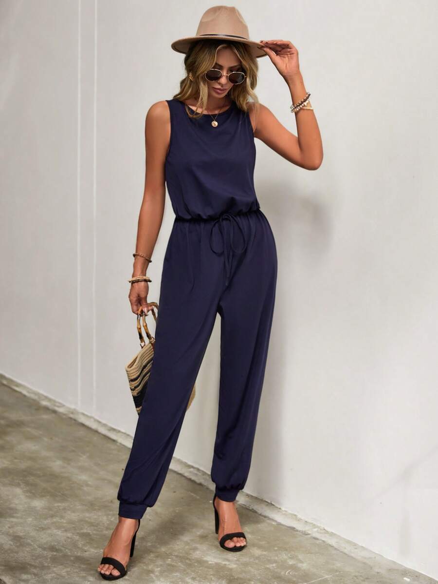 SHEIN Clasi Solid Tie Waist Jumpsuit | SHEIN USA
