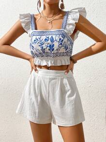 SHEIN VCAY Floral Embroidery Ruffle Trim Crop Top & Shorts | SHEIN UK
