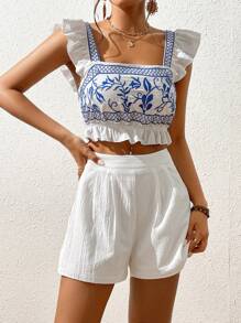 SHEIN VCAY Floral Embroidery Ruffle Trim Crop Top & Shorts | SHEIN UK
