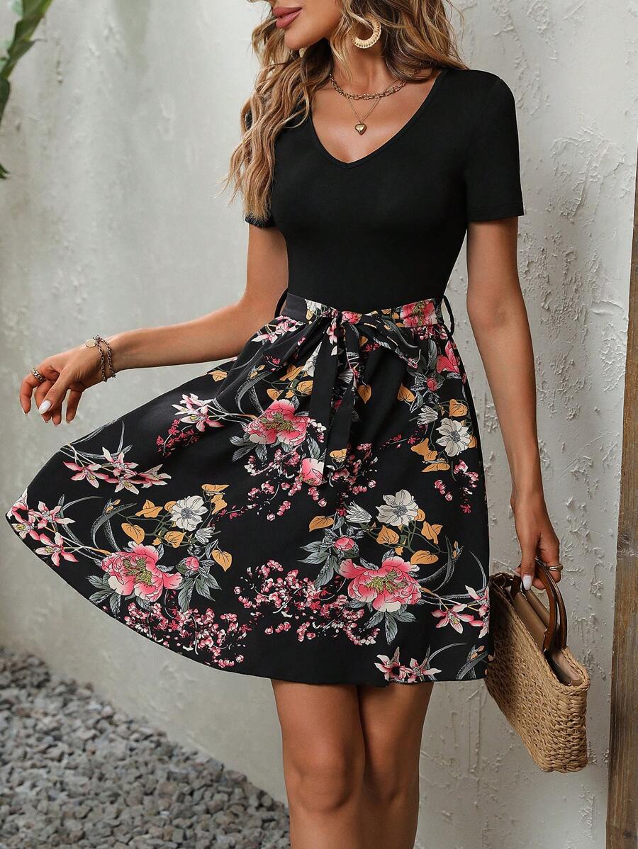 SHEIN LUNE Floral Print Belted Dress | SHEIN USA