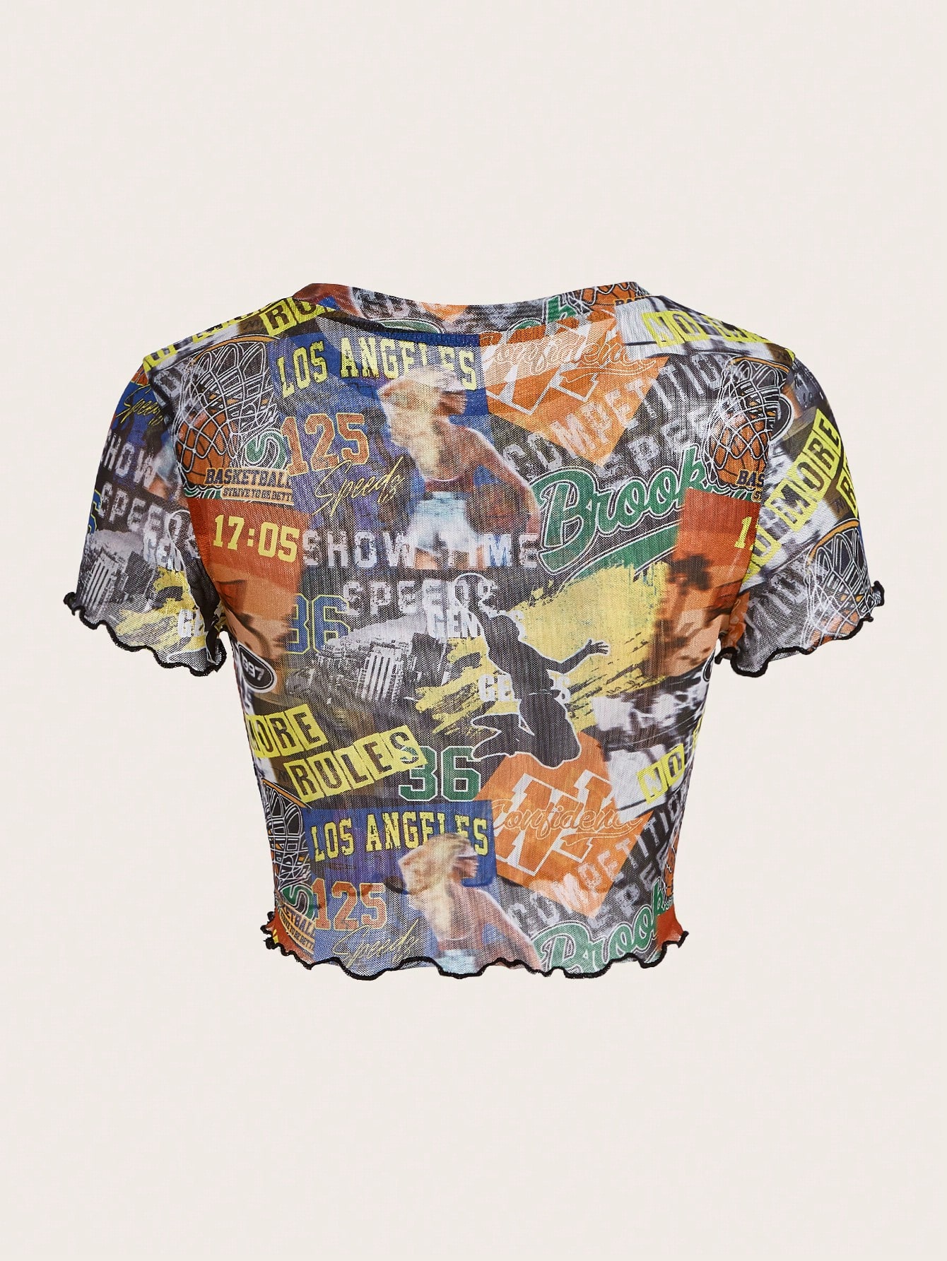 Shein Icon Letter And Cartoon Graphic Lettuce Trim Crop Mesh Top Shein Usa