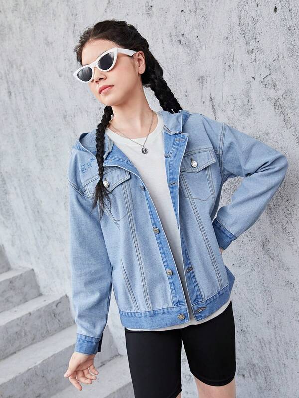 Teen Girls Flap Pocket Drop Shoulder Hooded Denim Jacket | SHEIN USA