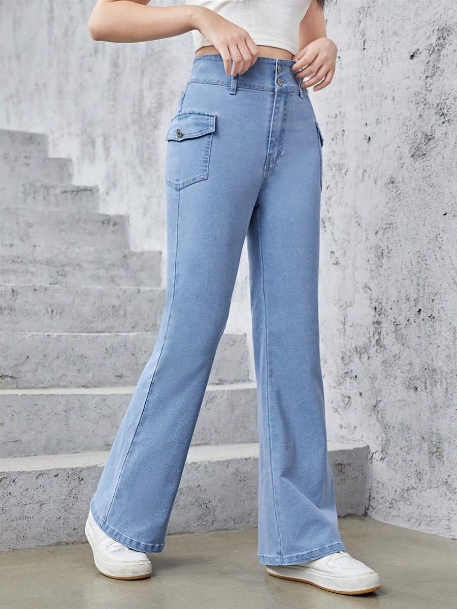 Teen Girls Flap Pocket Flare Leg Jeans | SHEIN USA