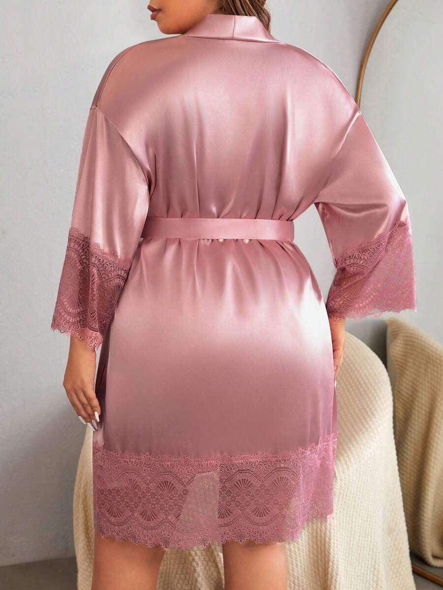 Plus Contrast Lace Satin Cami Nightdress & Robe | SHEIN UK