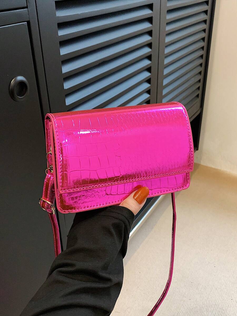 Mini Square Bag Metallic Crocodile Embossed Flap PU Adjustable Strap ...