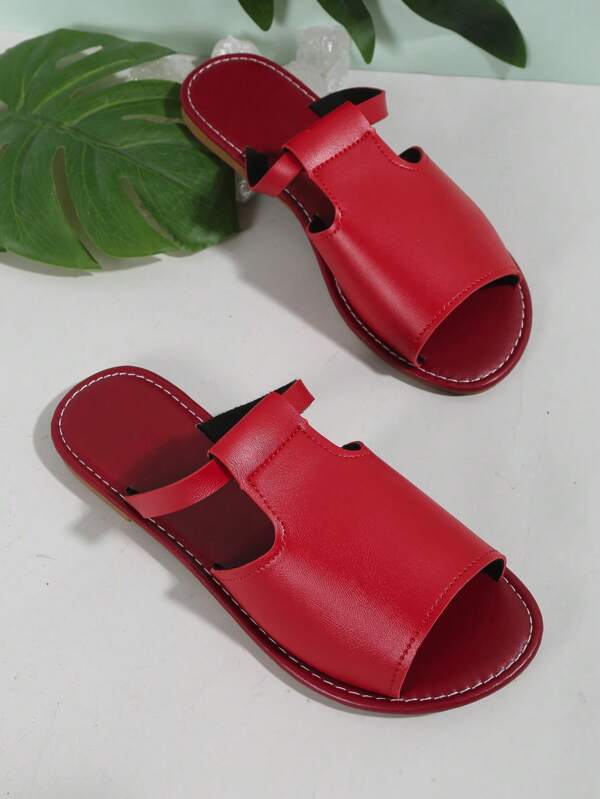 Women Cut Out Slide Sandals, Fashionable Burgundy Flat Sandals | SHEIN USA