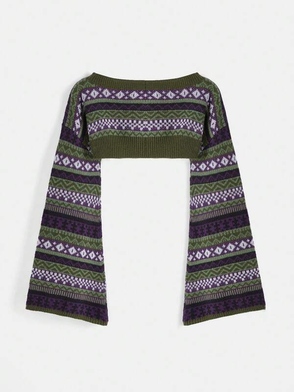 Fairycore Geo Pattern Bell Sleeve Crop Sweater | SHEIN USA