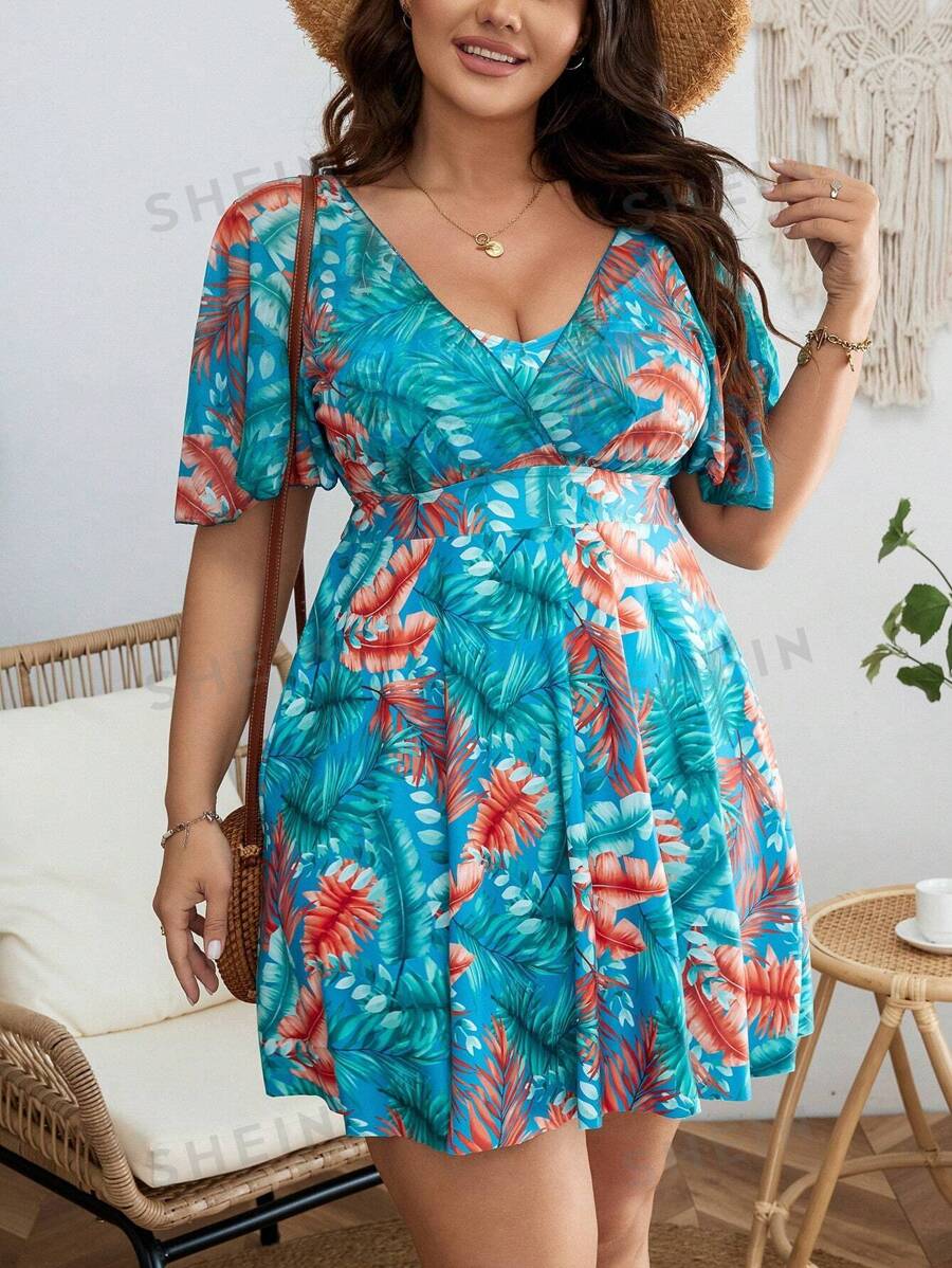 Shein Swim Lushore Summer Beach Plus Size Tropical Print Flounce Sleeve