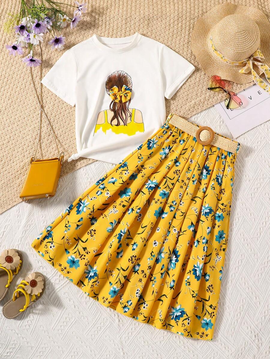 SHEIN Tween Girl Figure Graphic Bow Front Tee & Floral Print Skirt Set ...