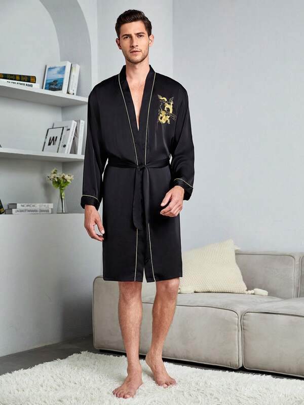 Men Dragon Embroidery Contrast Piping Satin Robe | SHEIN USA