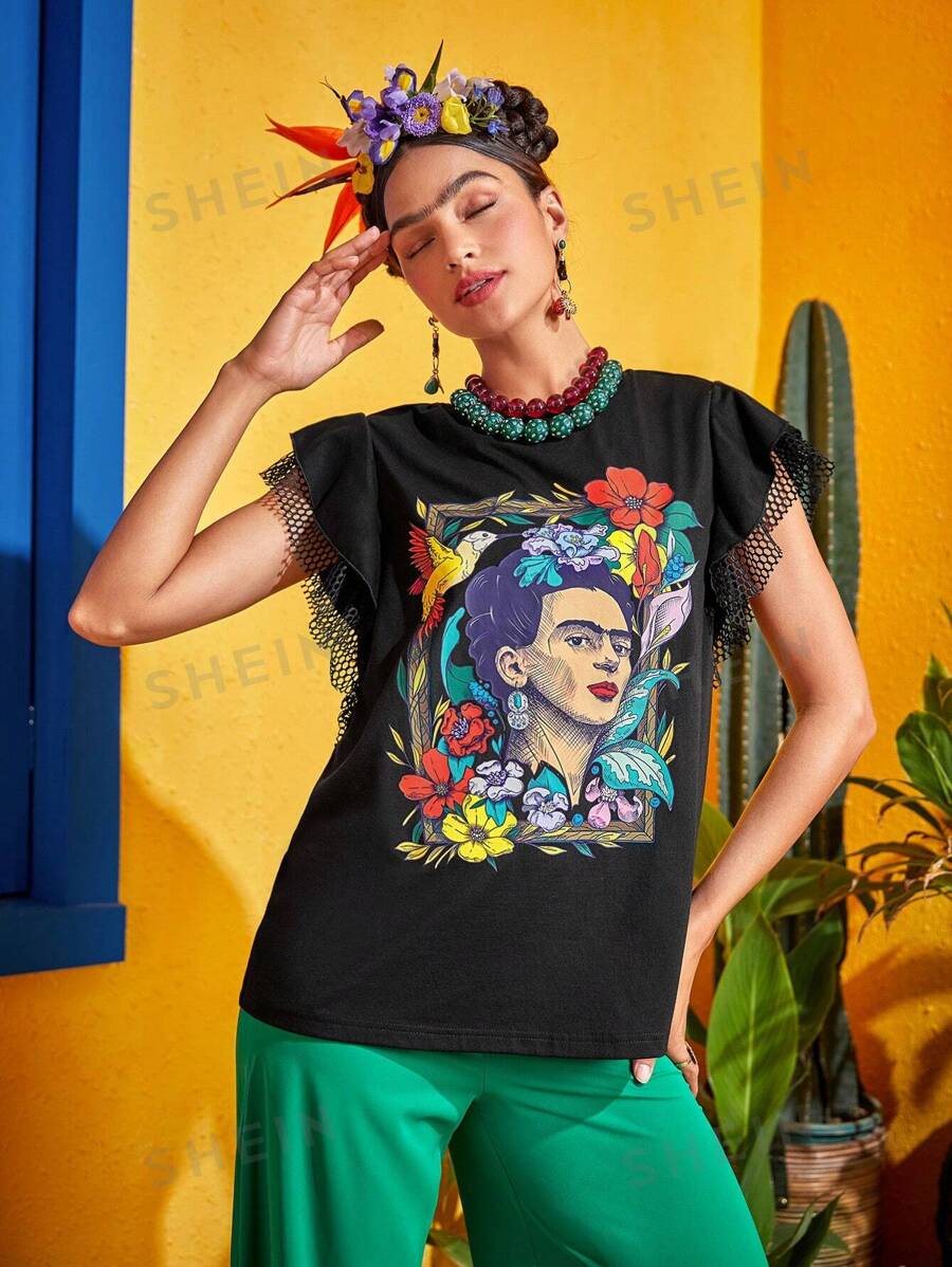Frida Kahlo X SHEIN Figure Graphic Contrast Mesh Ruffle Trim Tee | SHEIN UK