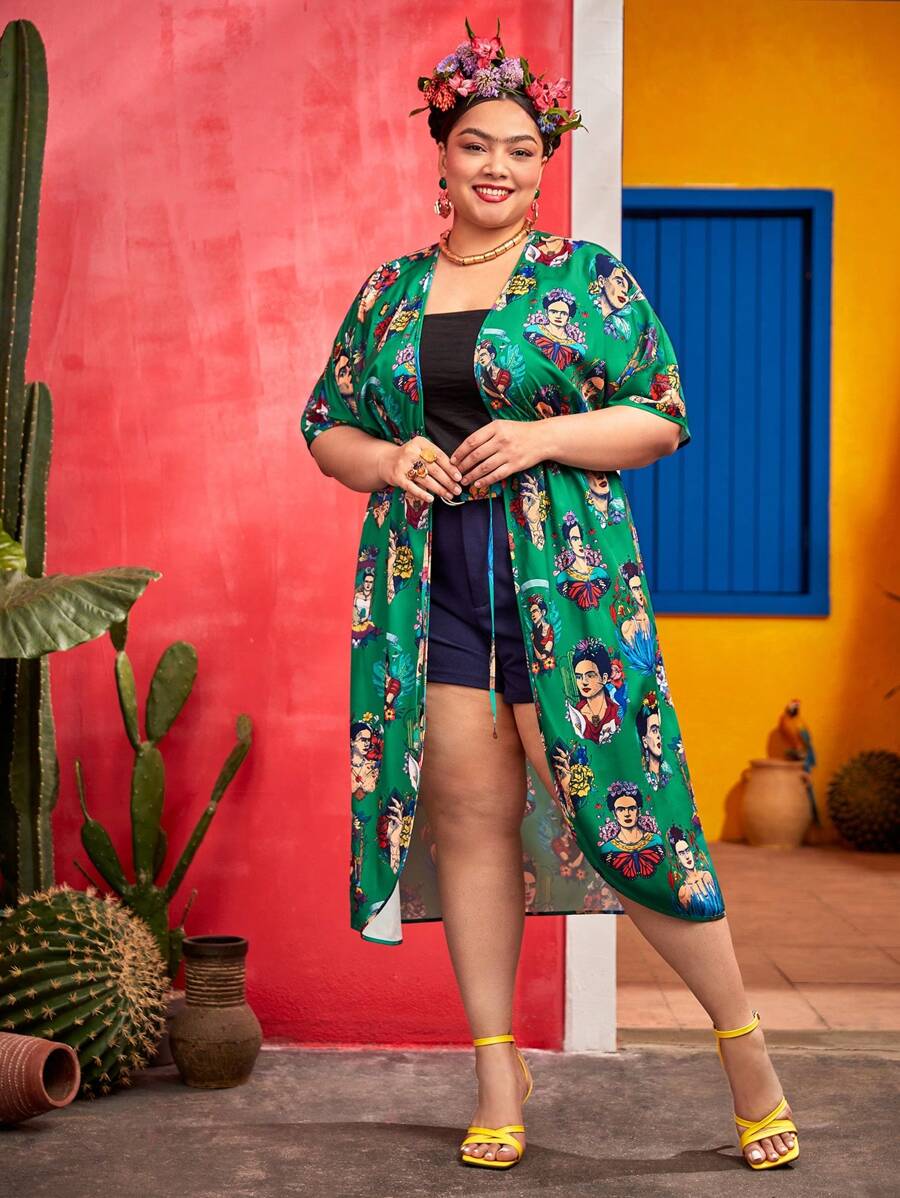 Frida Kahlo X SHEIN Plus Figure And Floral Print Knot Front Kimono ...