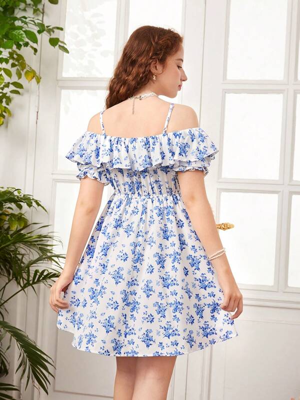 SHEIN Teen Girls Allover Floral Print Cold Shoulder Ruffle Trim Dress ...