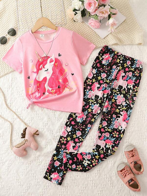 SHEIN Kids QTFun Girls Unicorn Print Tee & Floral Print Leggings Set ...