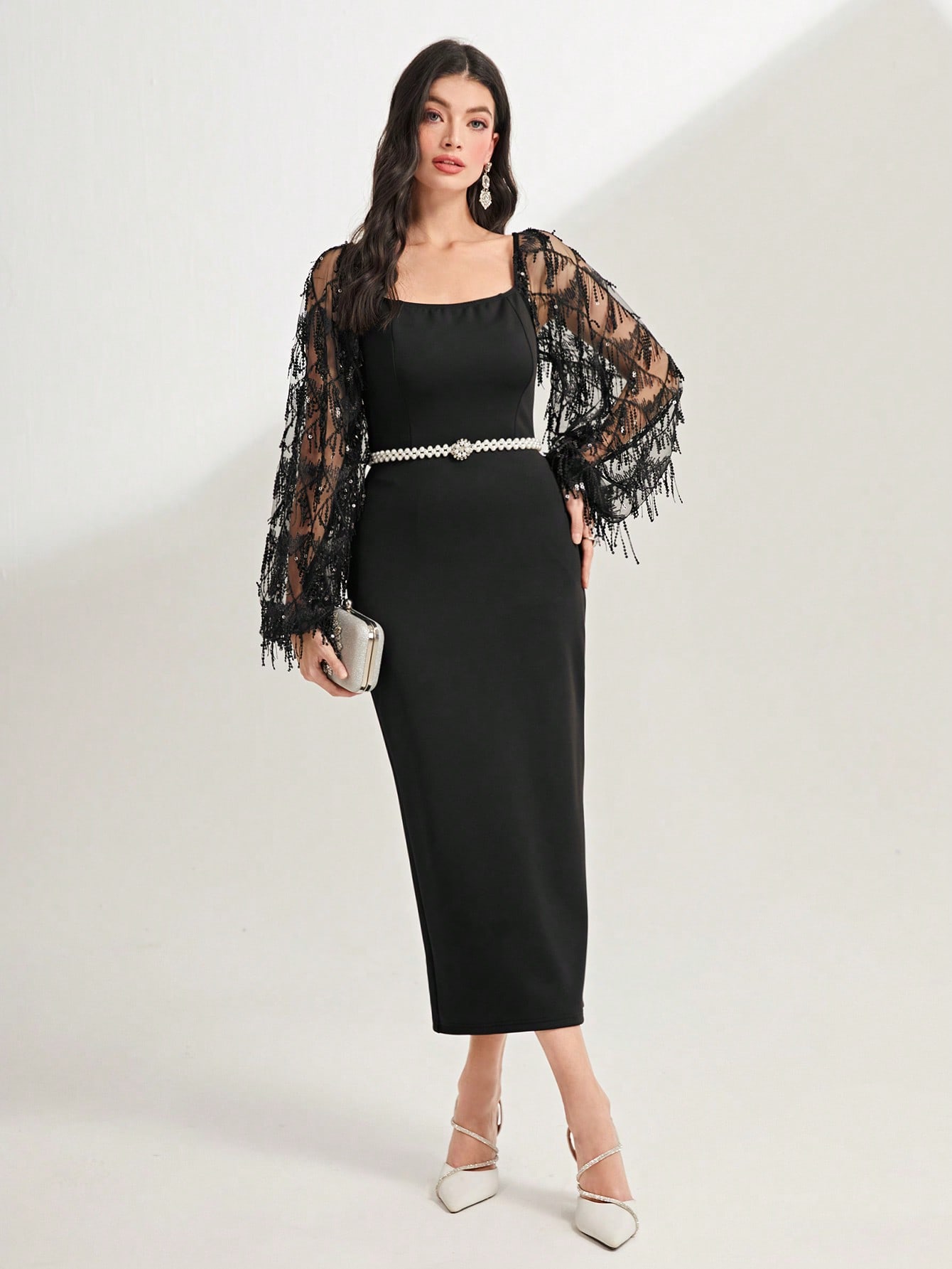 SHEIN Modely Contrast Fringe Mesh Lantern Sleeve Fitted Dress Without ...