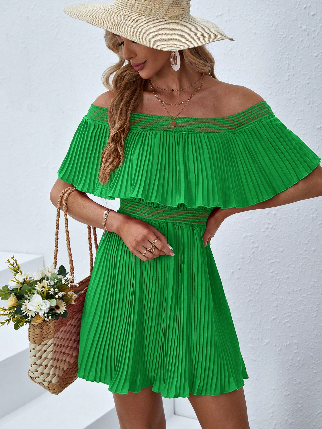 Shein Vcay Off Shoulder Ruffle Trim Pleated Dress Shein Uk