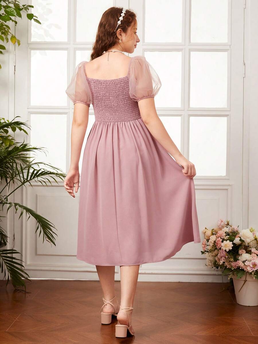 Shein Teen Girls Contrast Mesh Puff Sleeve Ruched Bust Dress Shein Usa