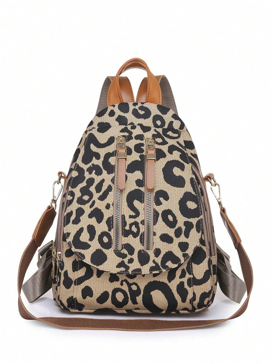 Leopard Print Flap Backpack, Vintage Zipper Front Daypack, Women's ...