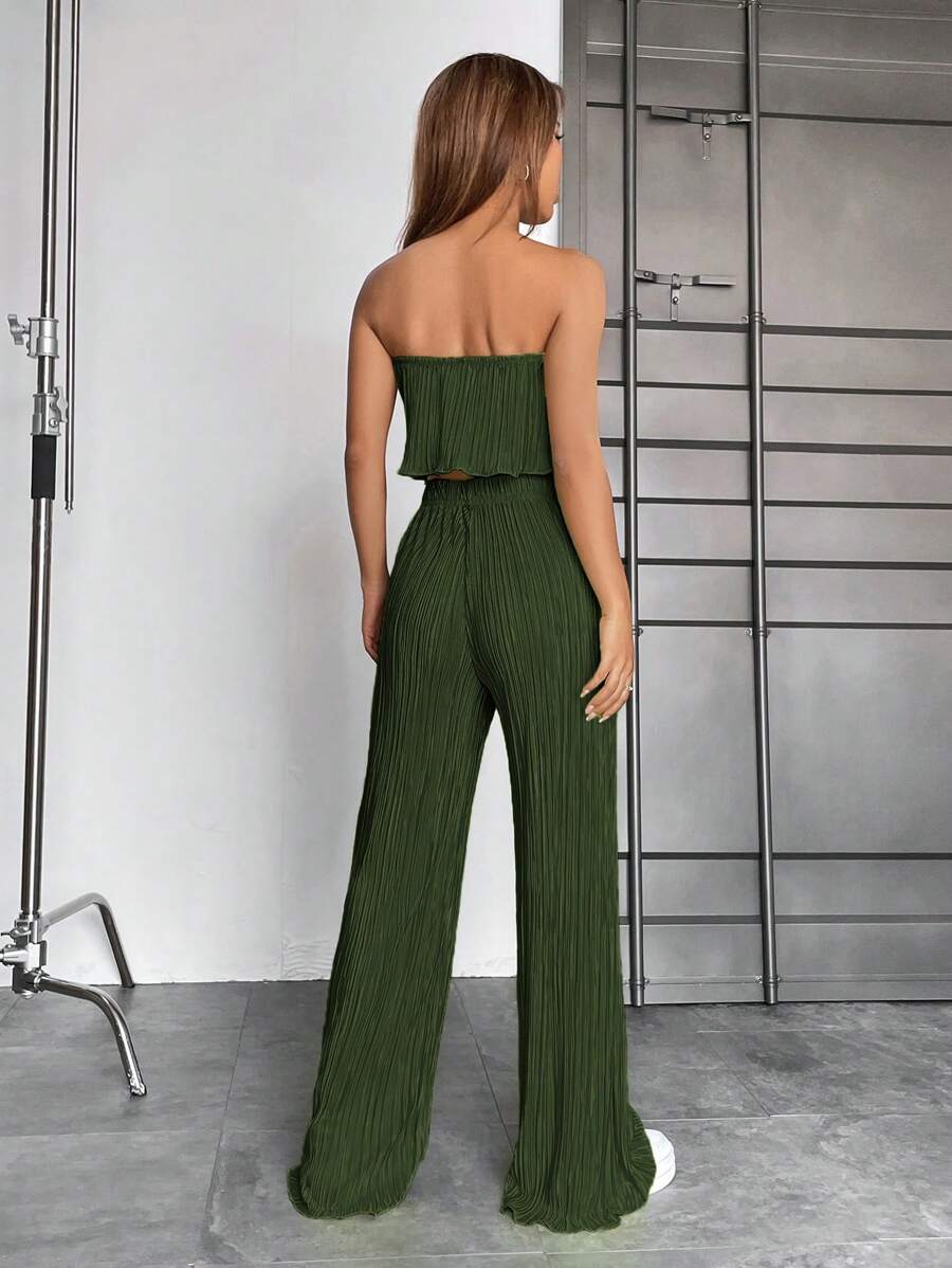 SHEIN EZwear Solid Plisse Tube Top & Wide Leg Pants | SHEIN USA