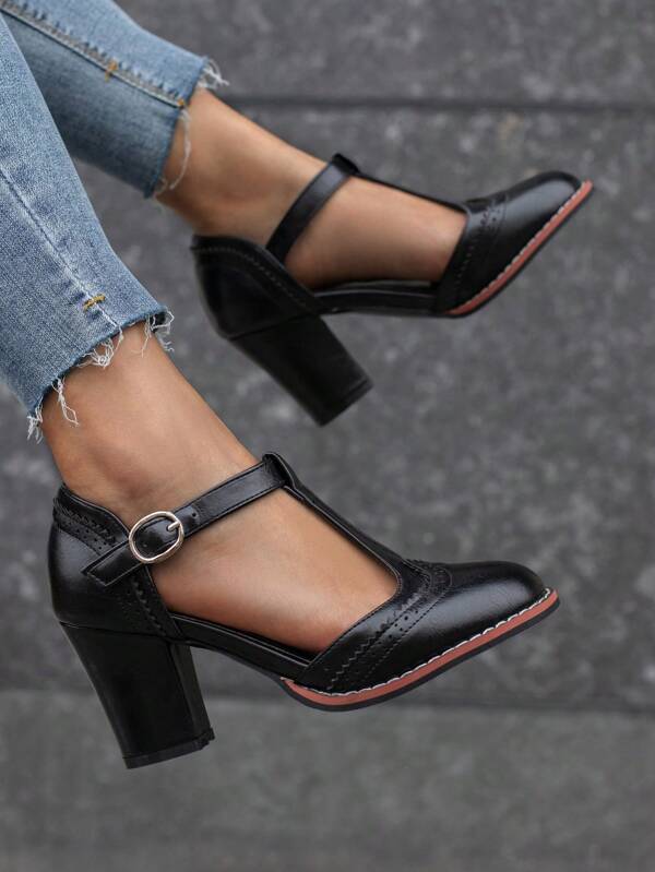 Women Wingtip Detail Mary Jane Pumps, Chunky Heeled Elegant Pumps ...