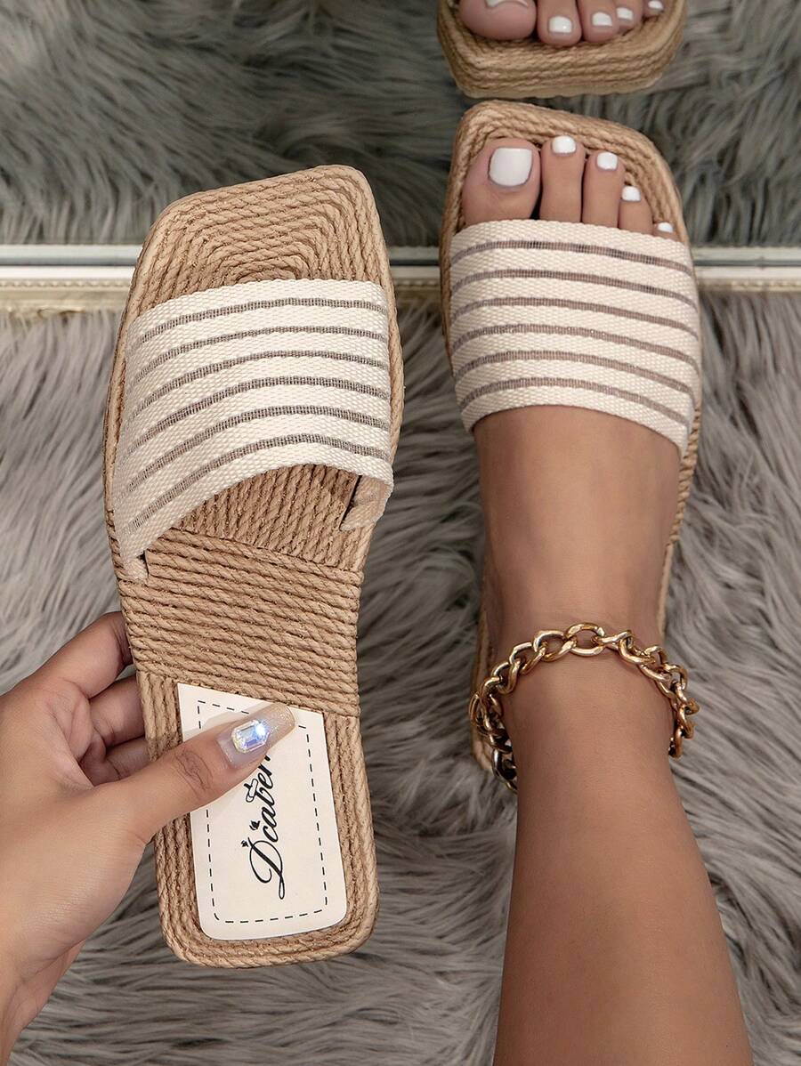 Women Striped Pattern Slippers, Vacation Beige Fabric Slides For Summer ...