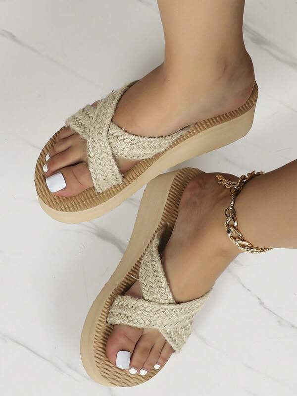 Women Braided Design Cross Strap Slides, Vacation Linen Slides | SHEIN USA