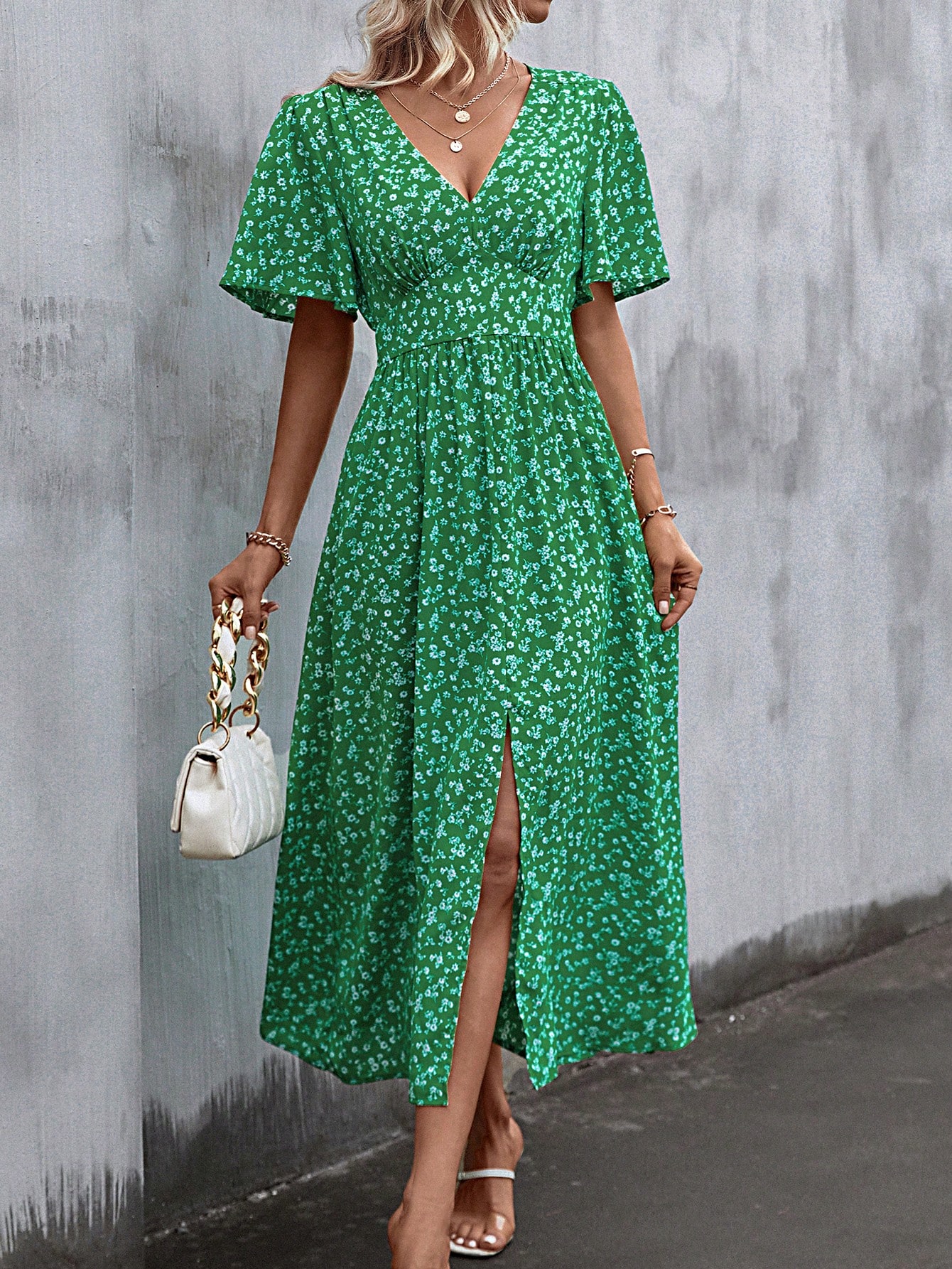 Shein Lune Ditsy Floral Print Butterfly Sleeve Split Thigh Dress