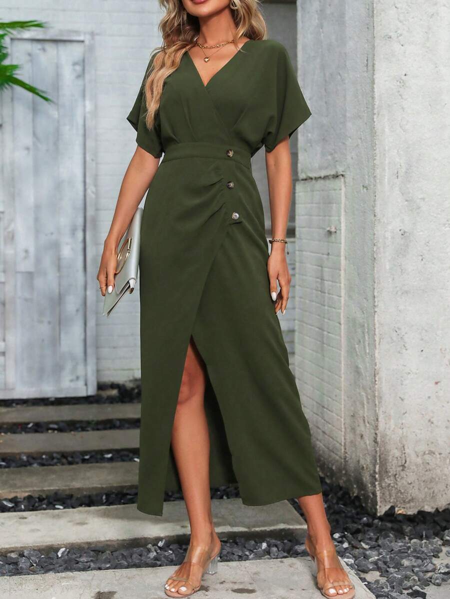 SHEIN Clasi Batwing Sleeve Button Detail Wrap Hem Dress | SHEIN USA
