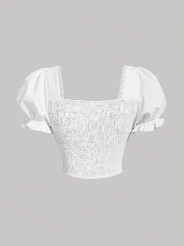 Shein Mod Square Neck Puff Sleeve Ruched Bust Knot Front Crop Blouse