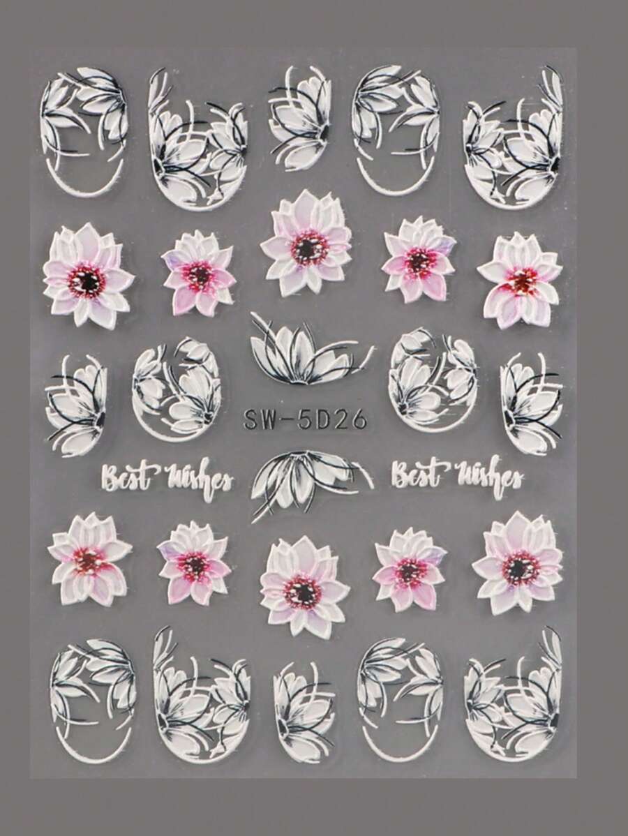 FULL BEAUTY 2ชิ้น 5D นูนดอกไม้เล็บสติกเกอร์รูปลอกสีชมพู Cherry Blossom ...