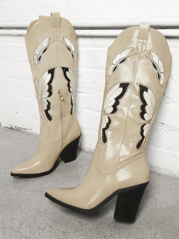 Block Heel Pointy Toe Cowboy Boots | SHEIN USA