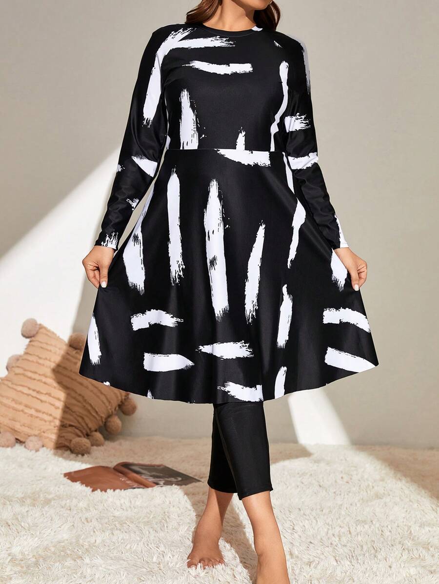 Swim Mulvari Summer Beach Plus Size Brush Print Burkini Swimsuitarabic